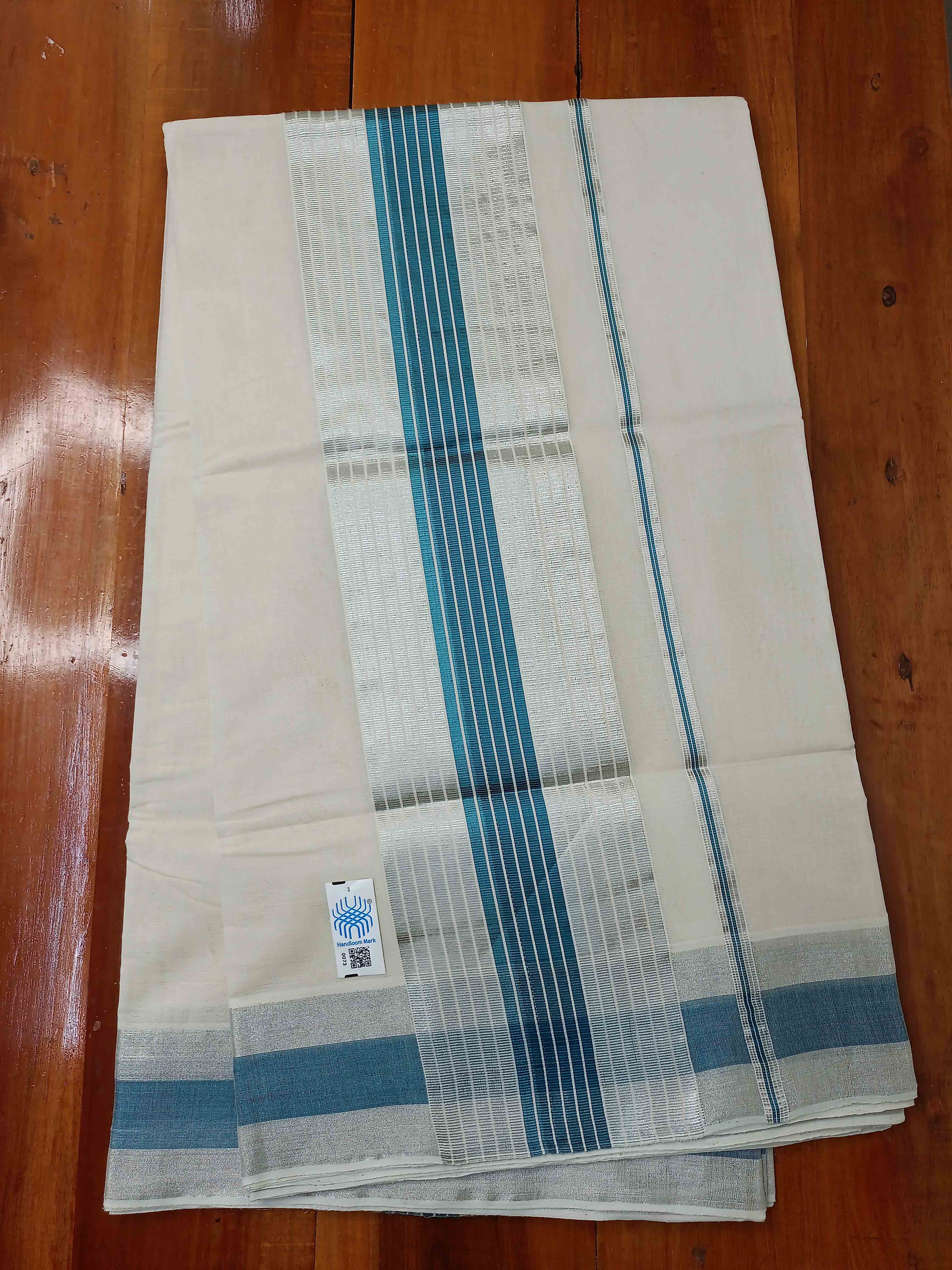 Kerala Saree Balaramapuram Handloom with Teal & Silver Colour – Keraloom
