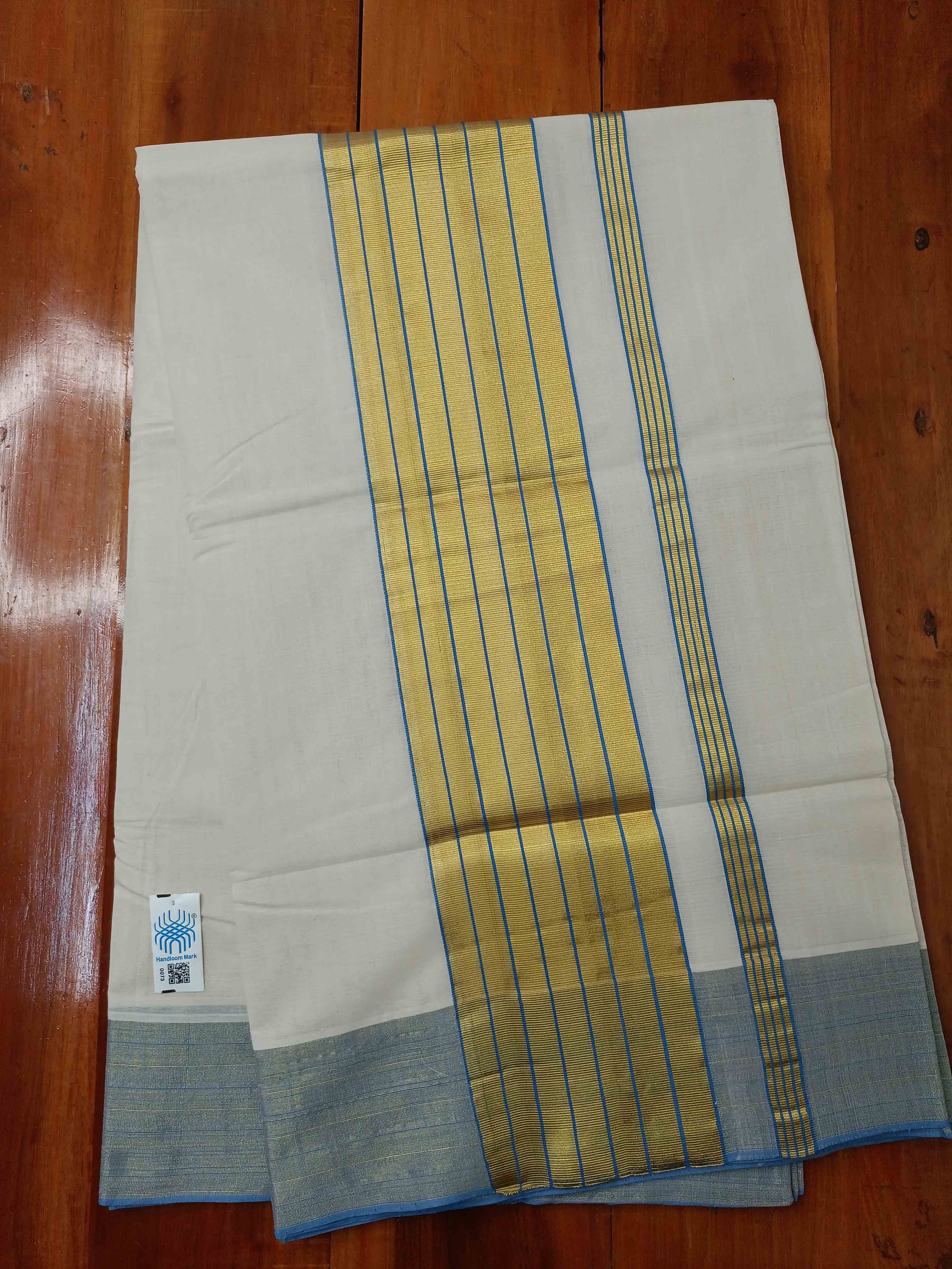 Kerala Saree Balaramapuram Handloom with Blue & Gold Colour – Keraloom